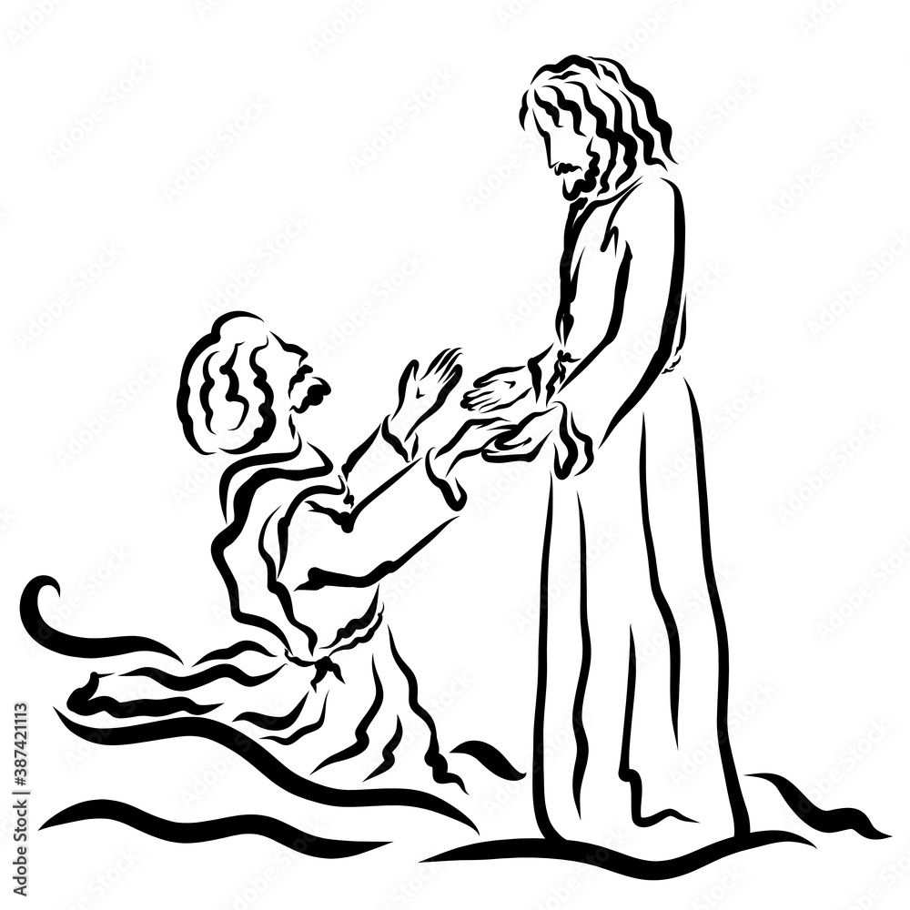 Jesus helps Peter, who doubted, was frightened and began to drown in ...