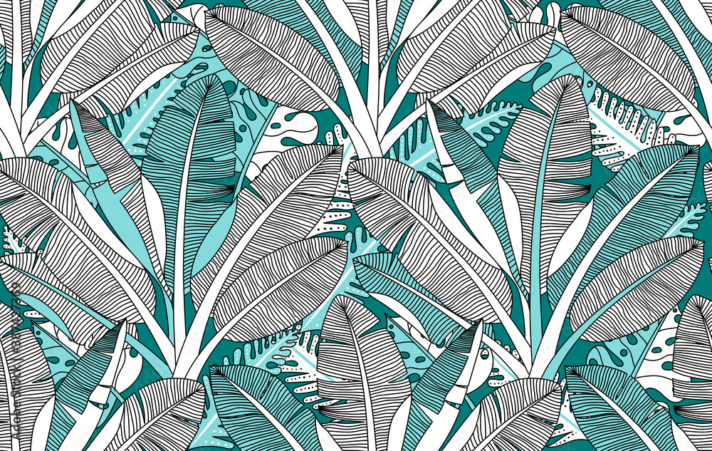 Exotic jungle plants and palm trees, leaves seamless pattern. Bananas ...