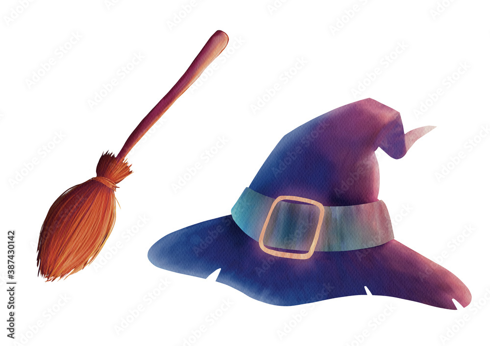 broomstick and witch hat, broom, Watercolor Halloween illustration with ...
