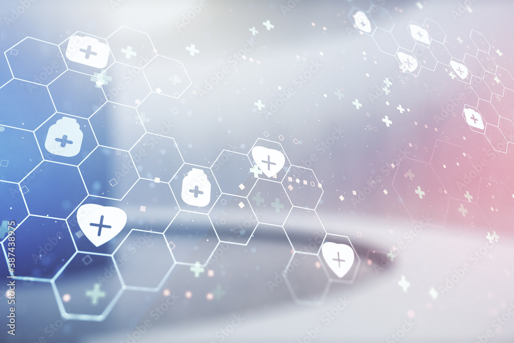 Abstract virtual medical illustration on empty corporate office ...