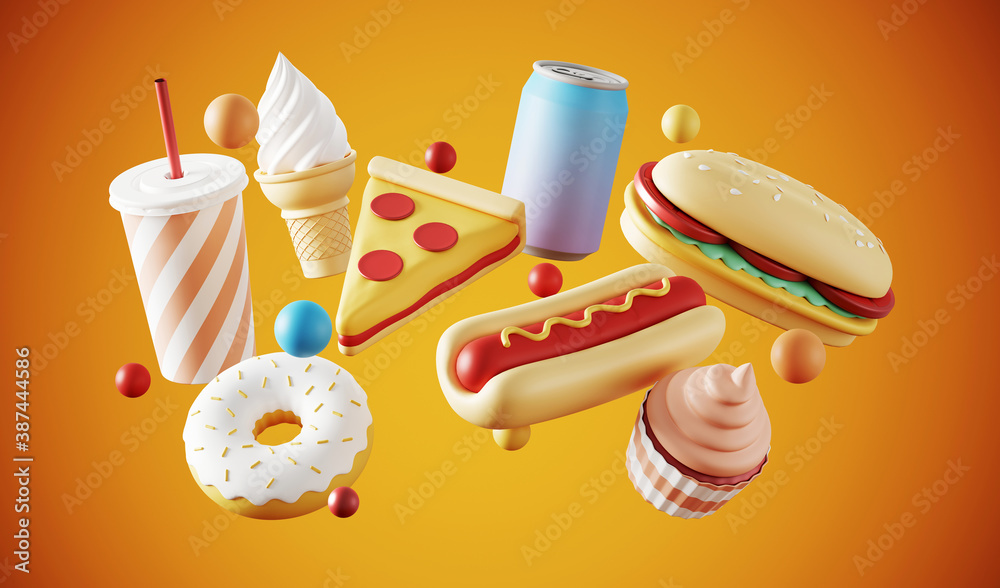 Minimal background for fast food concept. Food and beverage on orange ...