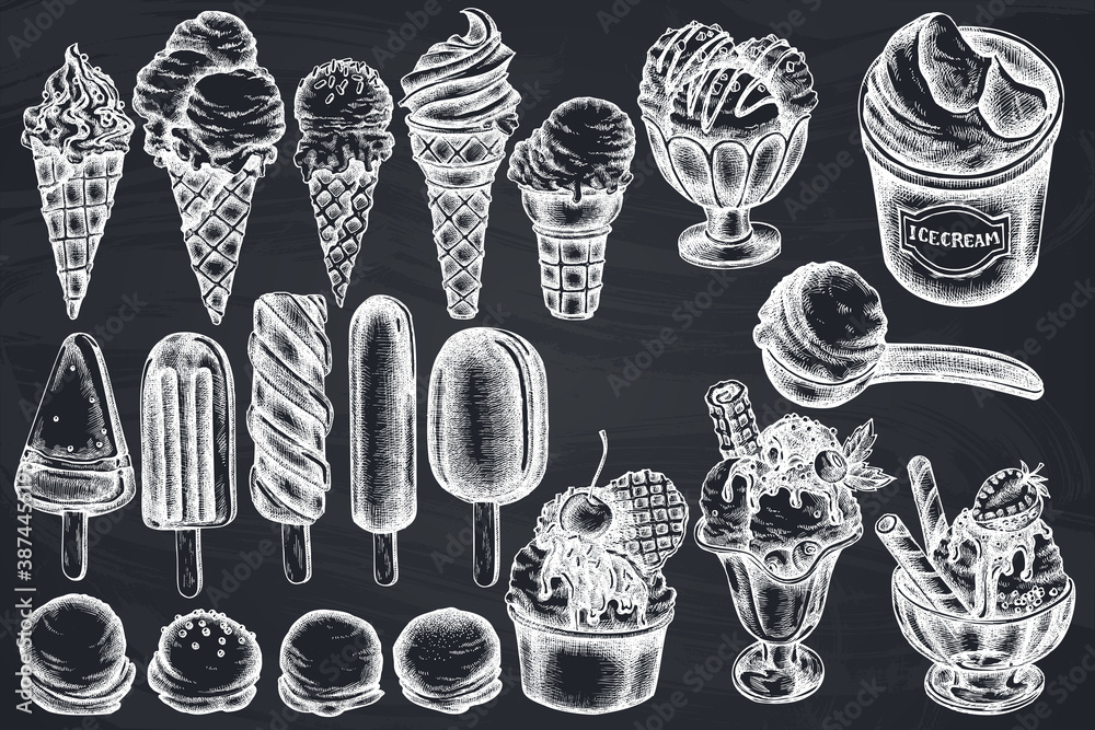 Vector set of hand drawn chalk ice cream bowls, ice cream bucket ...