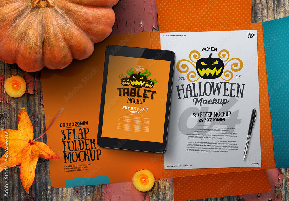 Halloween Autumn Stationery Tablet & 3 Flap Folder Mockup Stock ...