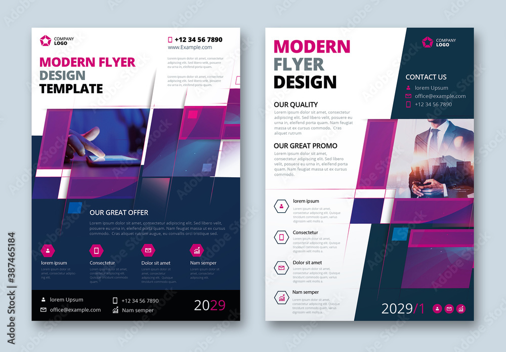 Flyer Layout with Violet Layered Rectangle Shapes Stock Template ...
