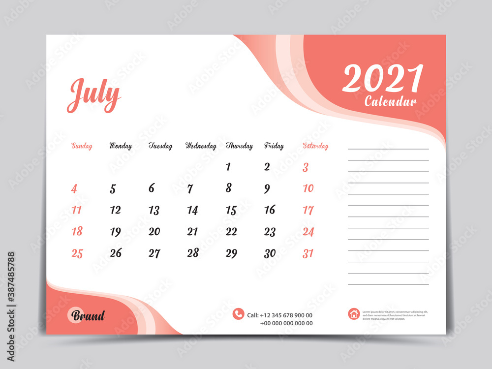 Desk Calendar 2021 template creative design, July 2021 month, Simple ...