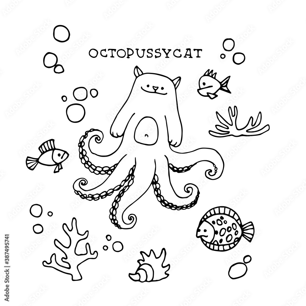 funny cute octopus cat with tentacles, marine monster, ornament element ...