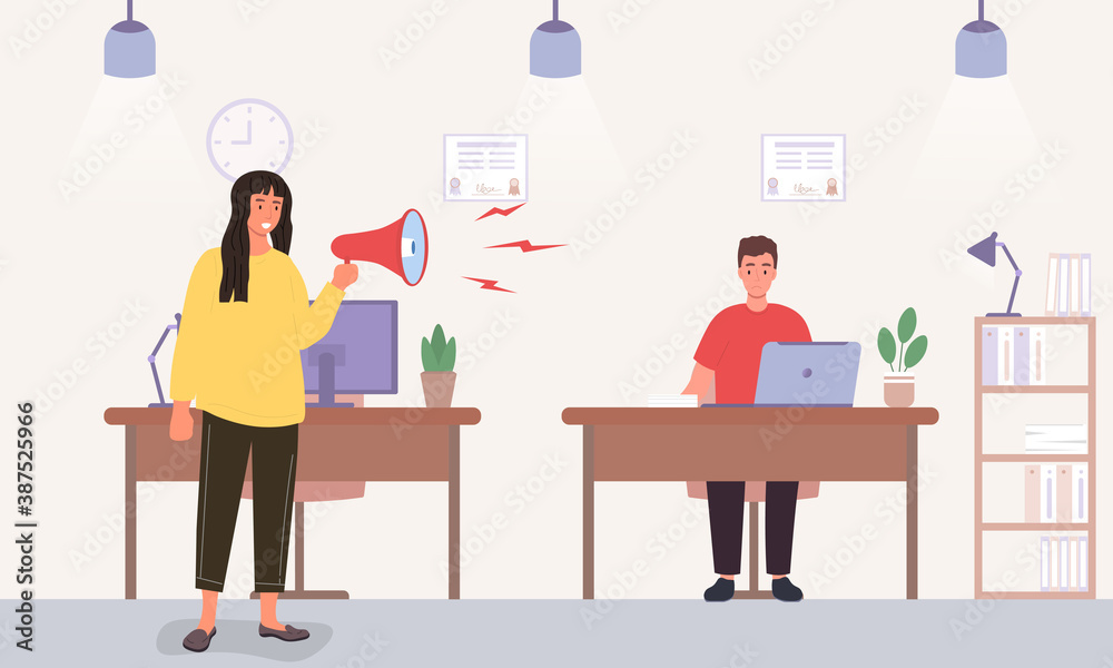 The personnel management concept. Female boss yelling at her ...
