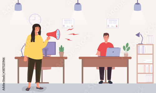 The personnel management concept. Female boss yelling at her ...