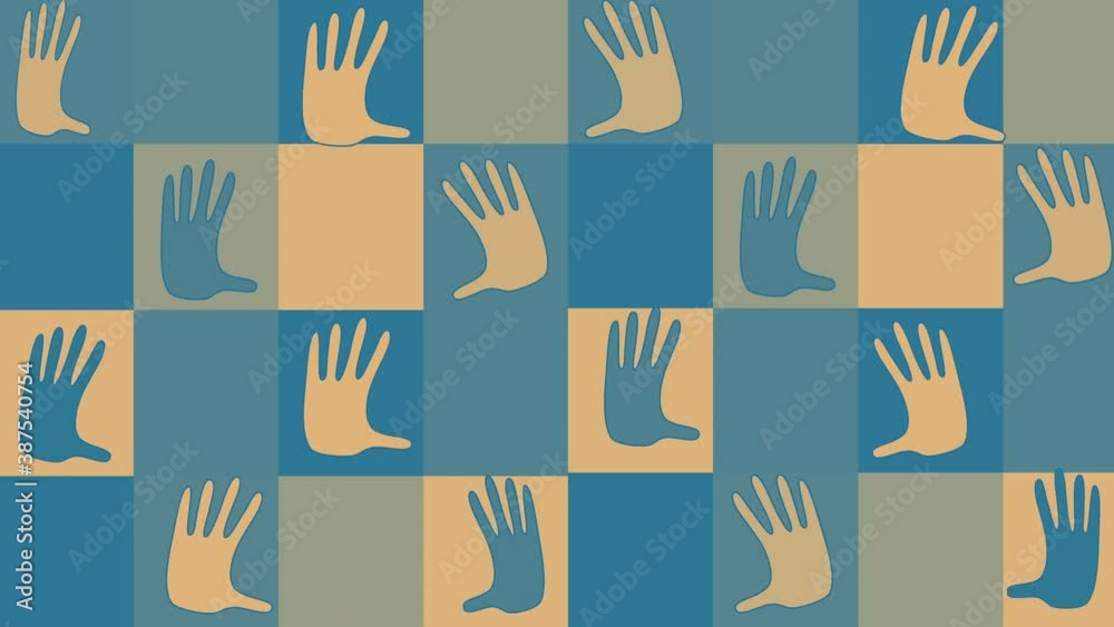 Funny colourful blue background. waving hands, palms, handprints on the ...