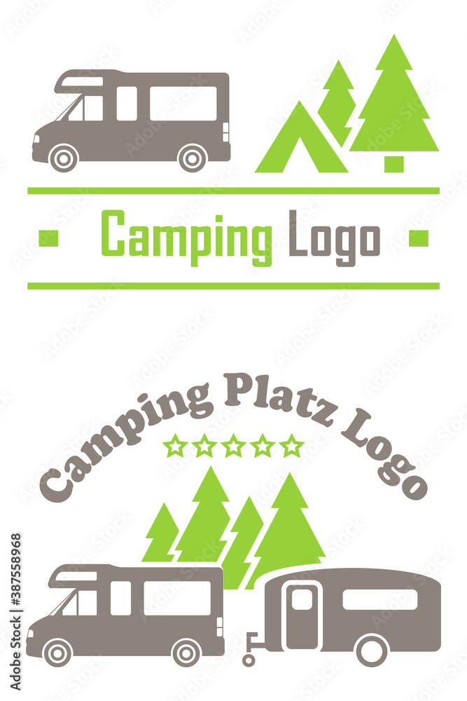 Camping Platz Logo mit Wohnwagen, Wohnwagen und Tannenbaum Stock Vector ...