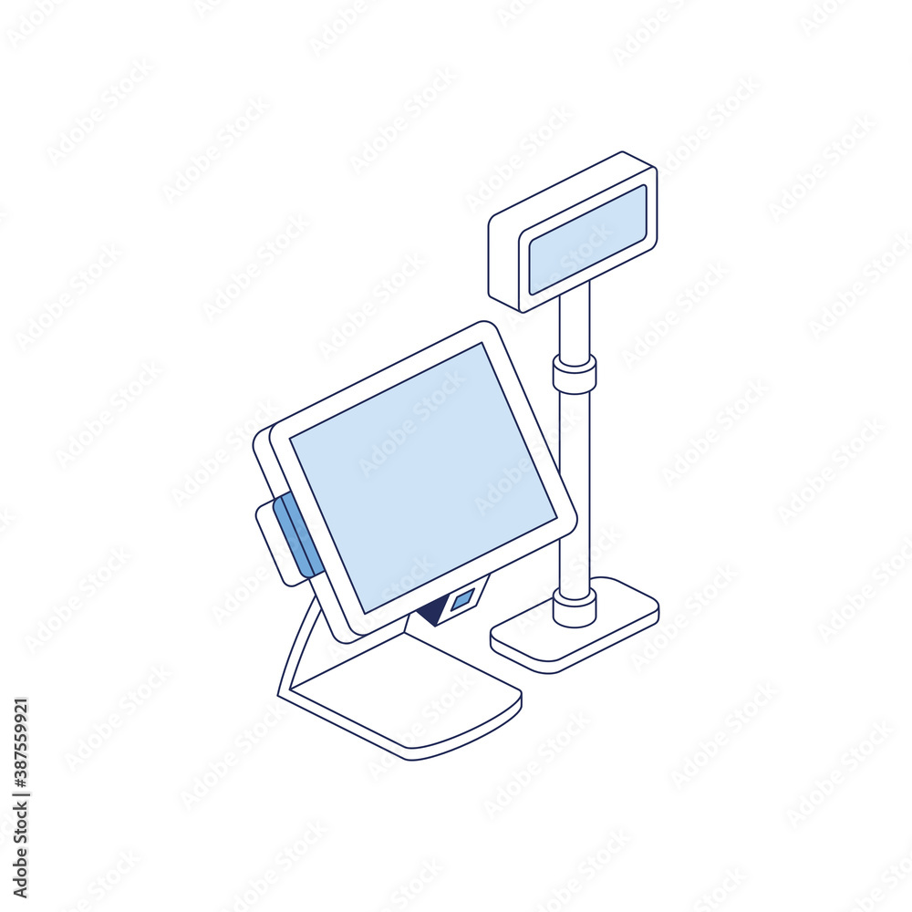 POS computers and peripherals. Vector 3d line isometric, color web ...