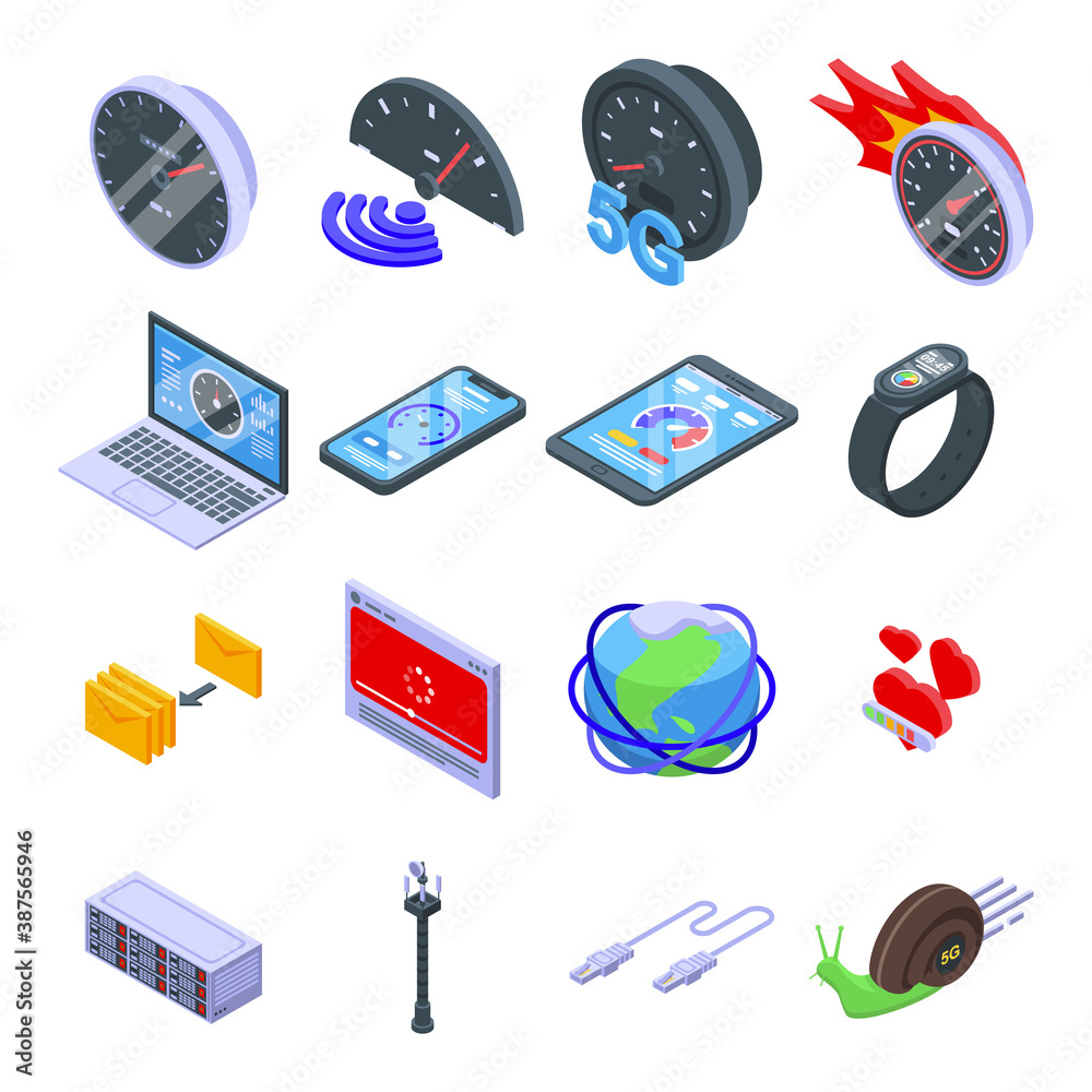 Internet speed icons set. Isometric set of internet speed vector icons ...