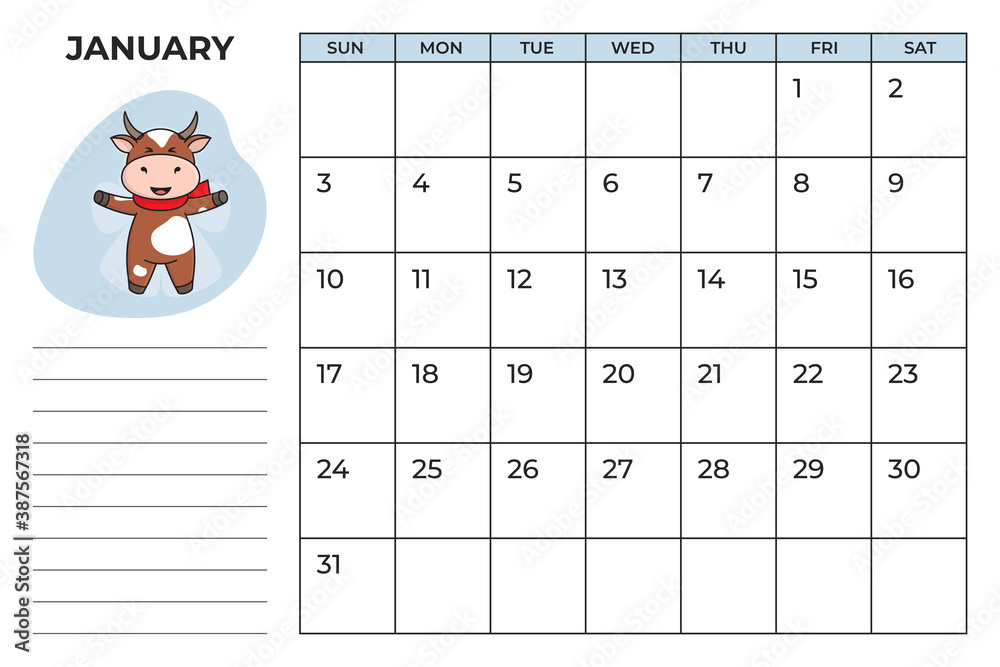 Printable A4 planner page for January 2021 with a cute bull, cow or ox ...