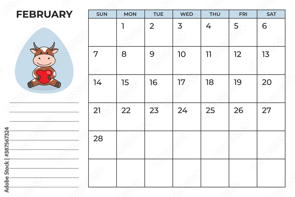 Printable A4 planner page for February 2021 with a cute bull, cow or ox ...
