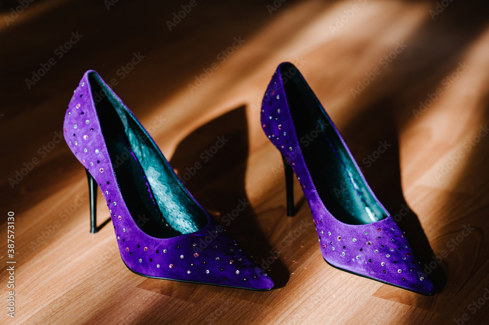 Violet high heels isolated on a brown pastel background. Fashion ...