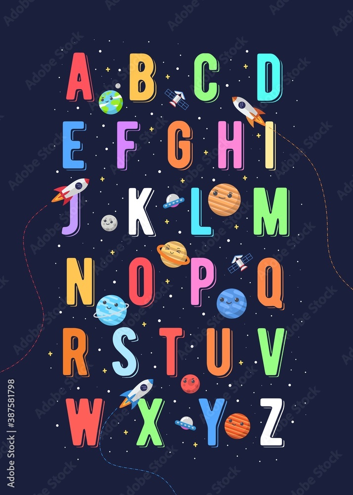 Colorful space alphabet for kids. Vector graphic illustration of ...