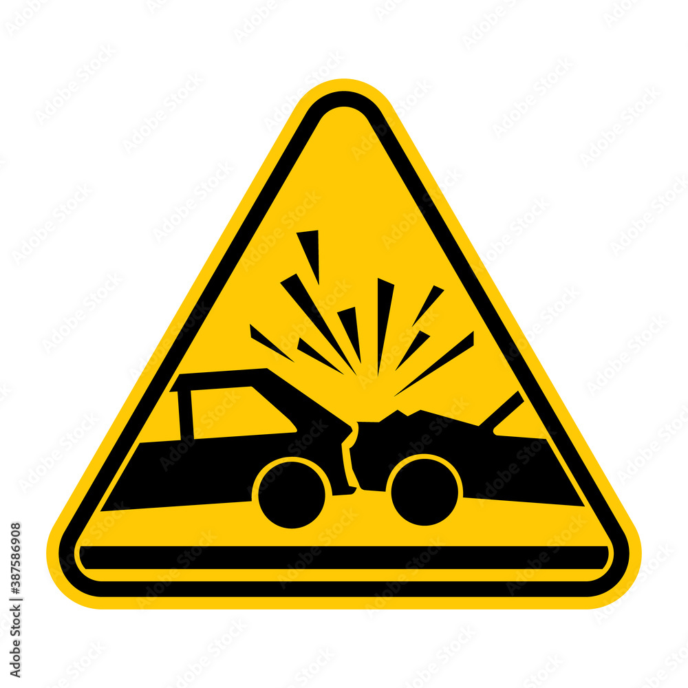 Caution car accident sign. Risk of vehicles crash warning sign. Vector ...
