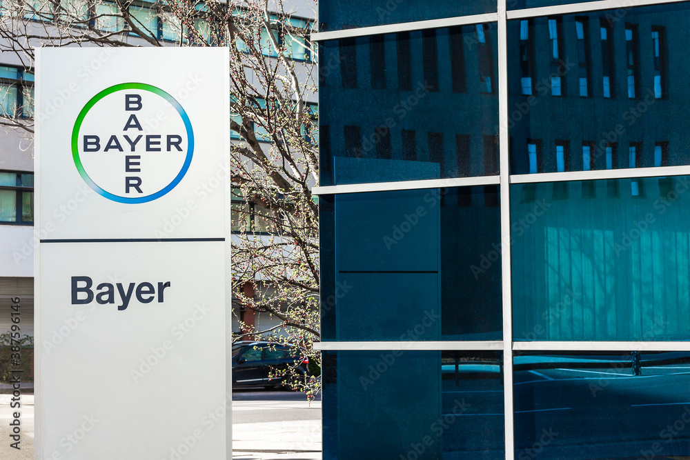 Bayer AG brand logo on its office building in Lyon Stock Photo | Adobe ...