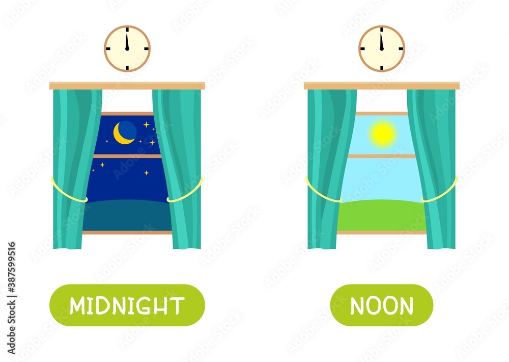 MIDNIGHT and NOON antonyms word card vector template. Flashcard for ...