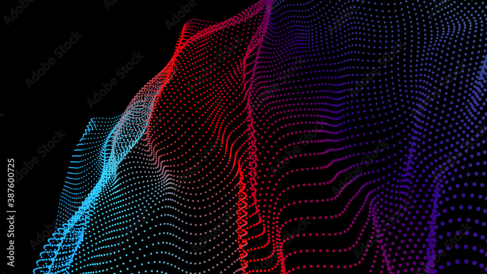 Node 3d data array. Dots organized to network data flow. Deep big surface nodes as mesh grid ...