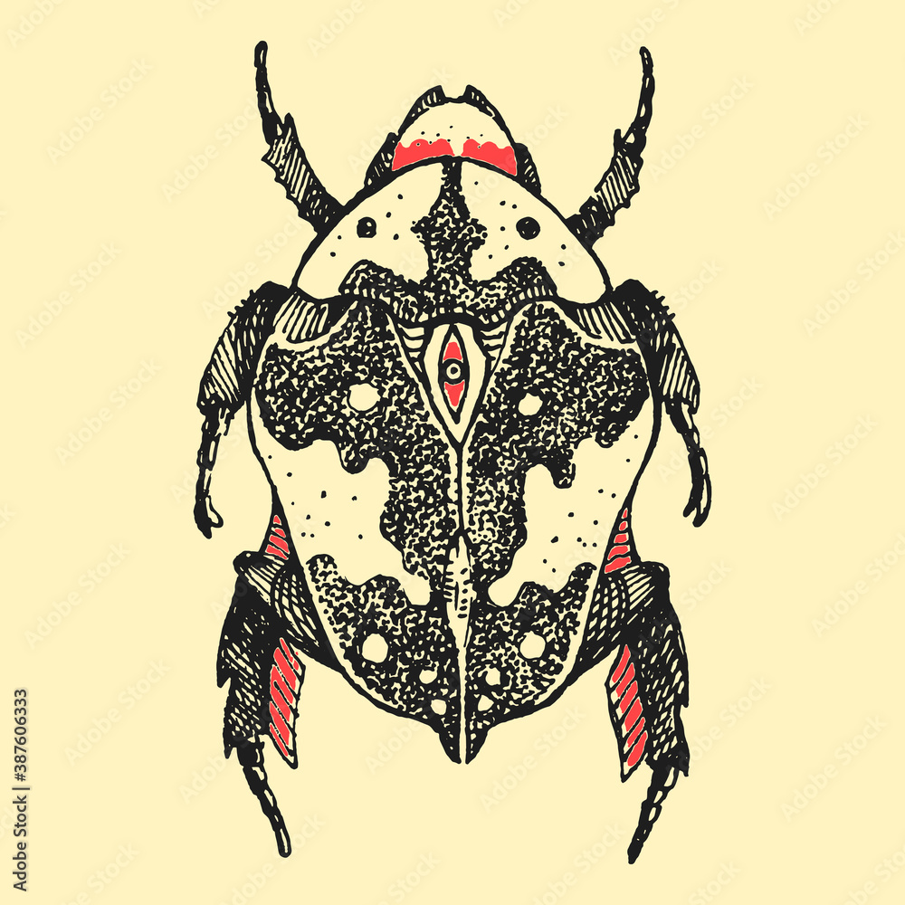 Bug with dots and red spots. Hand drawn graphic vector ink illustration ...