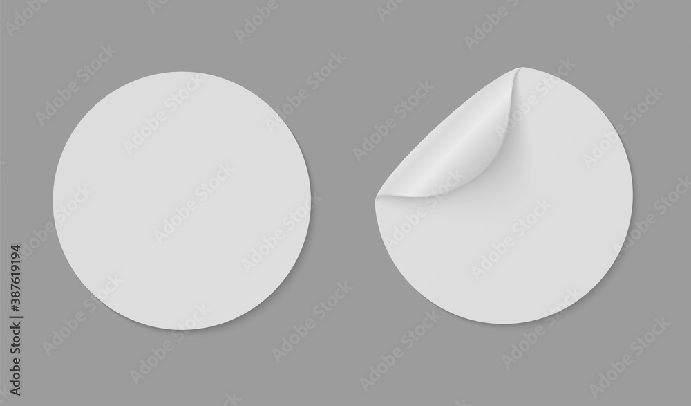 Paper round stickers with curled edge. Circle sticky white banners with ...
