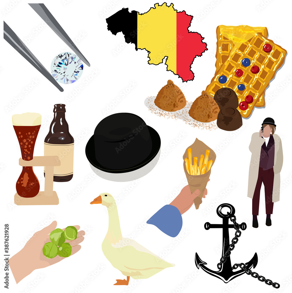 Belgium set of attractions. Traditional symbols of Brussels. Belgian ...