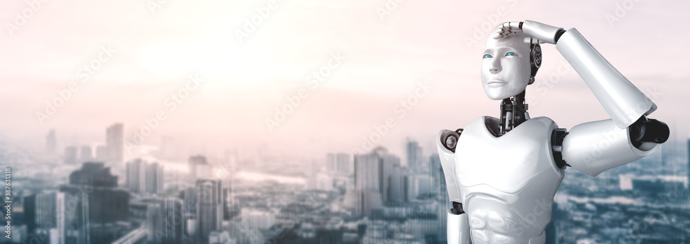 3D illustration robot humanoid looking forward against cityscape ...