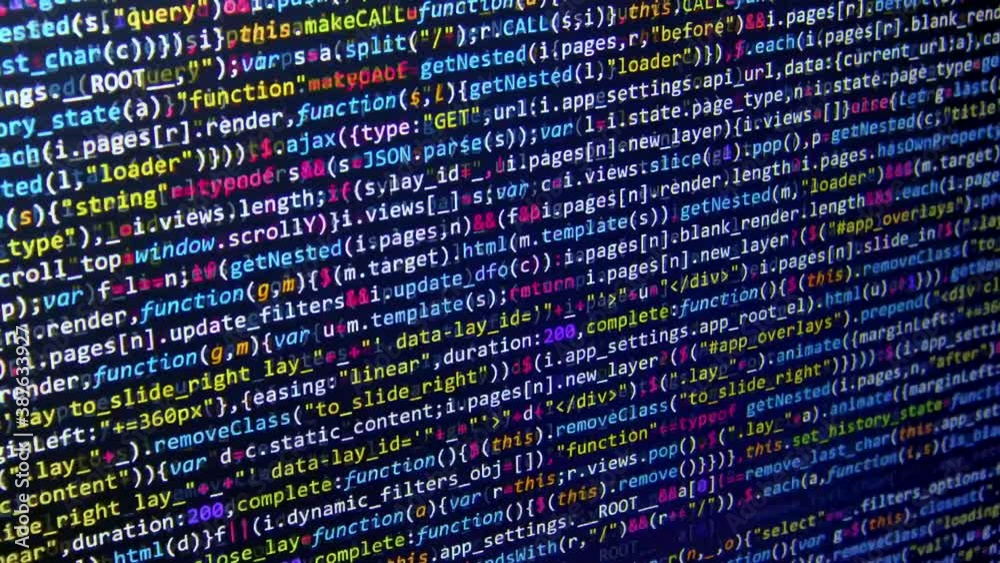 Scrolling motion dynamic move on notebook display. Lots of digits and chars on the computer ...