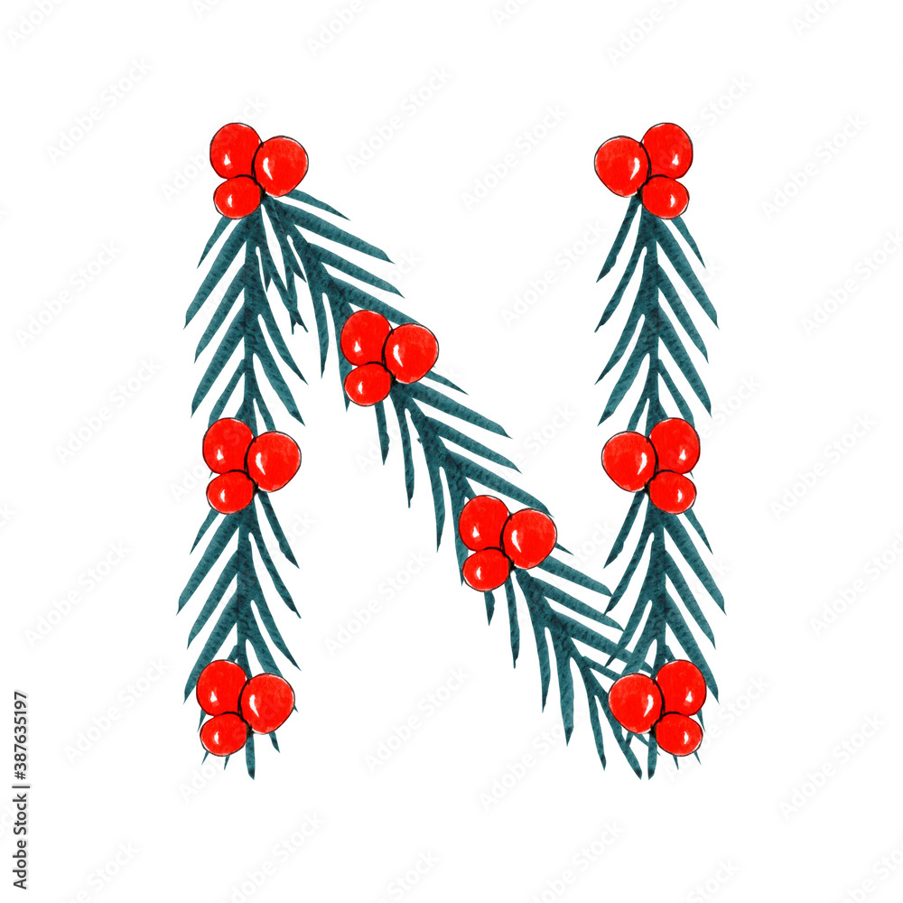 Watercolor Christmas N letter design, Christmas and New Year alphabet ...