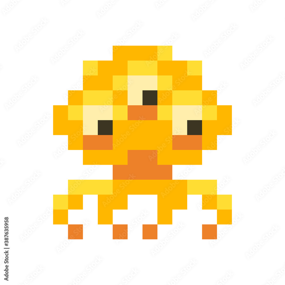 Cute orange space invader monster, game enemy in pixel art style on ...