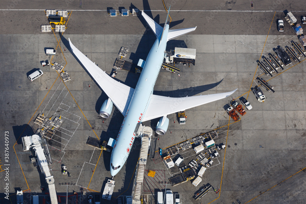 Air Canada Boeing 787-9 airplane at Los Angeles airport aerial view ...