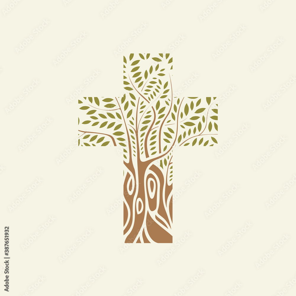 Concept of a Christian cross in the form of a tree on a light ...