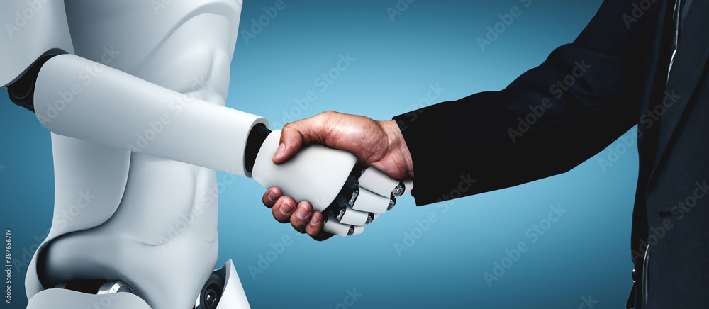 3D rendering humanoid robot handshake to collaborate future technology development by AI ...