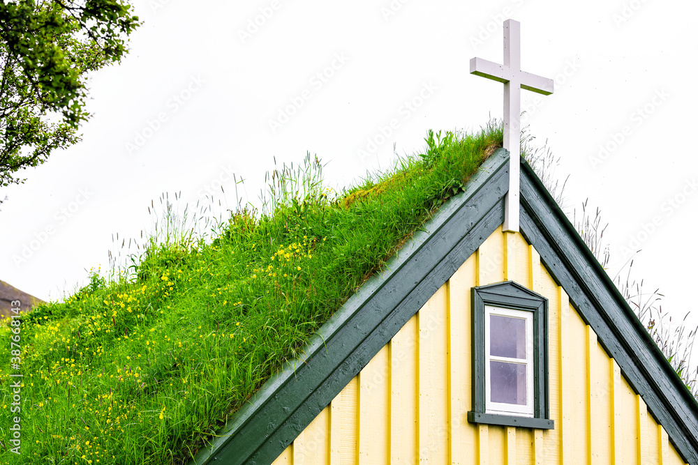 Hof, Iceland church closeup that was the last build in traditional turf ...