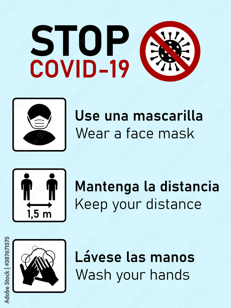 Stop Covid-19 Icons in Spanish and English including Use una mascarilla ...