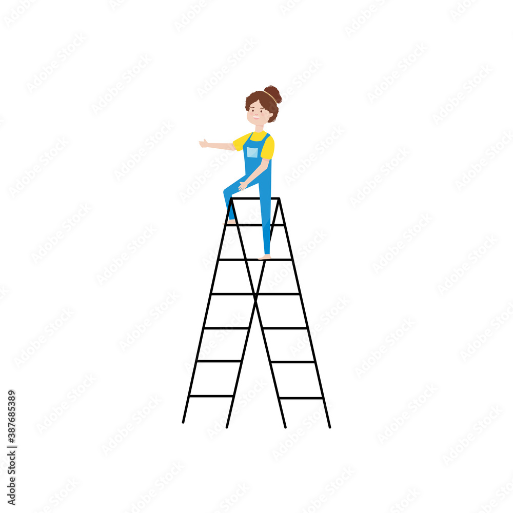 cartoon builder woman on a ladder, flat style Stock Vector | Adobe Stock