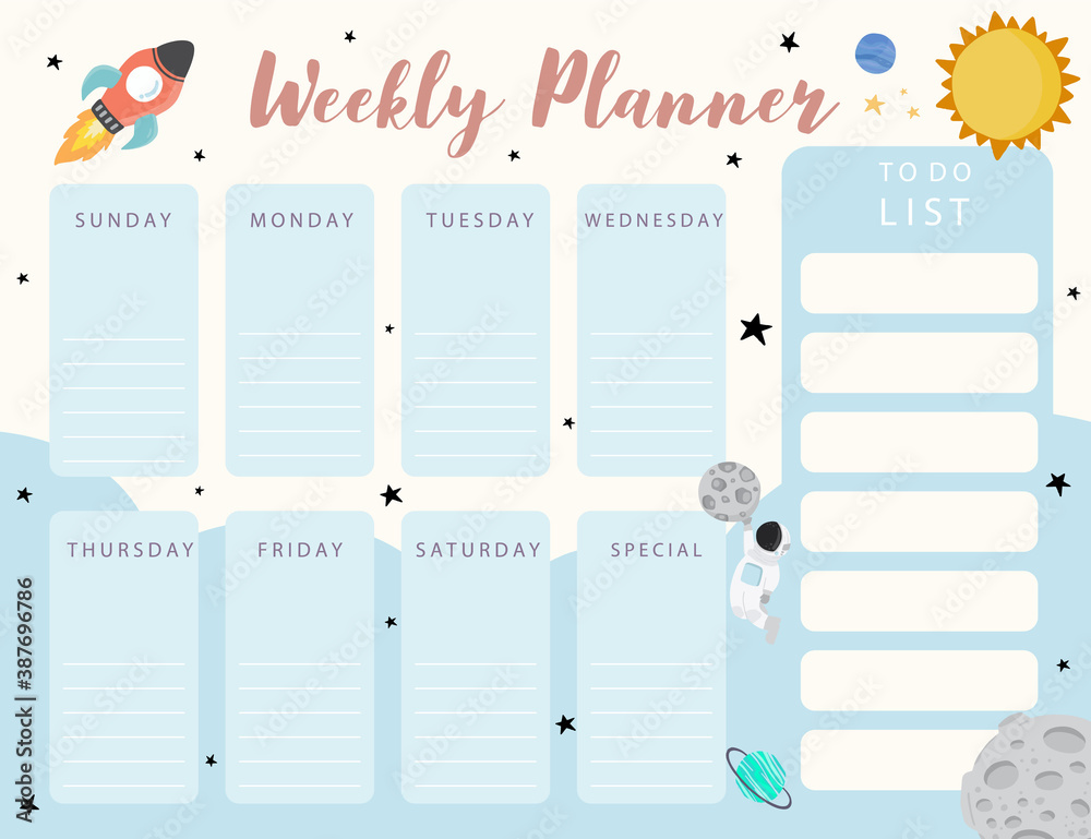 Galaxy calendar planner with planet, sun, moon,rocket.Can use for ...
