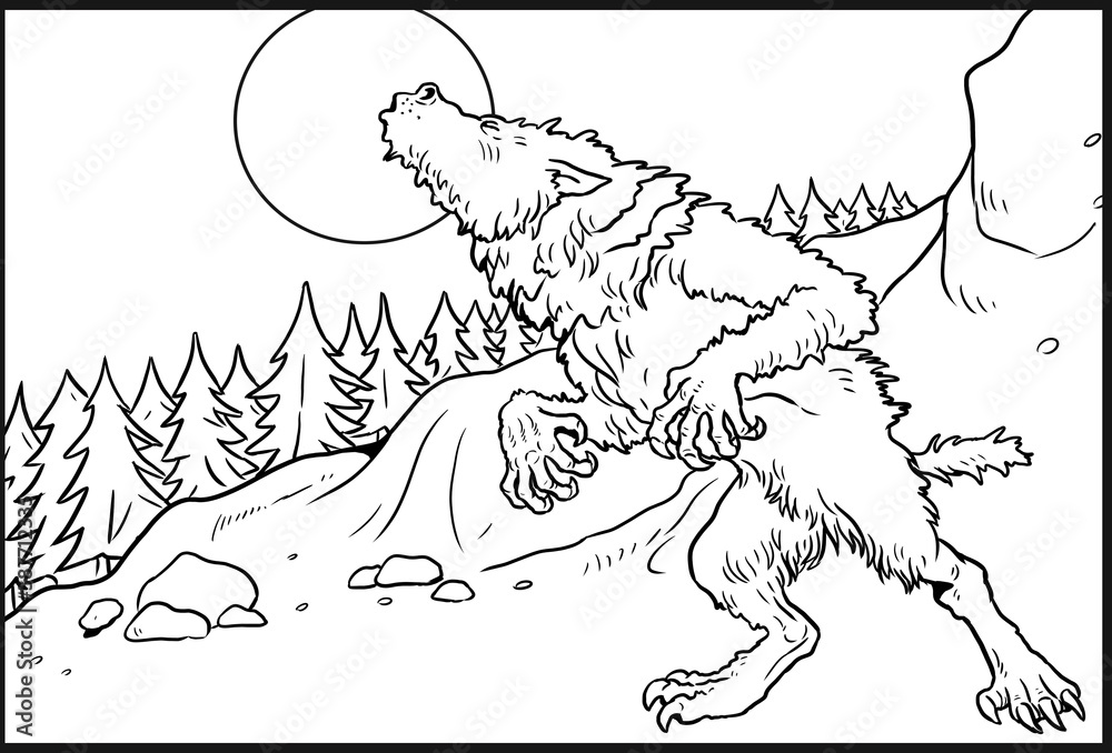 Werewolf howls on moon drawing. Fantasy monster coloring template ...