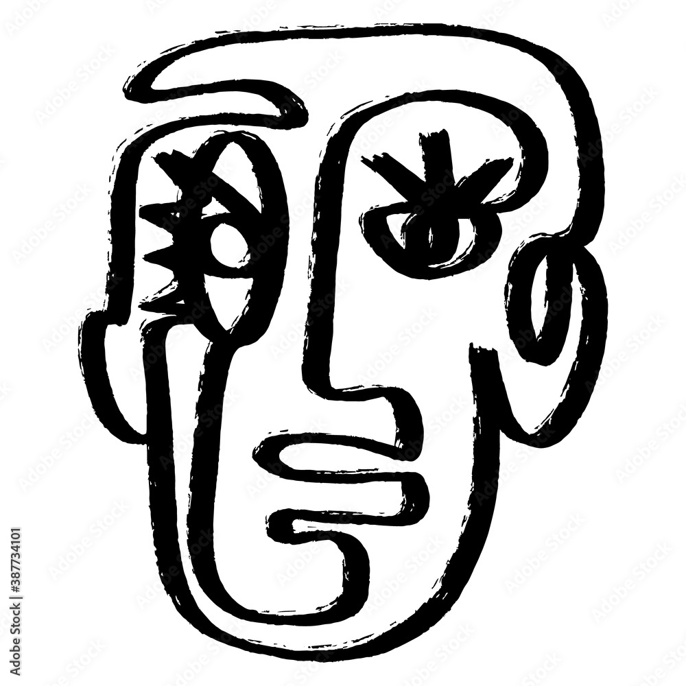 Simple hand drawn abstract line continuous face. Ink Brush drawing in ...
