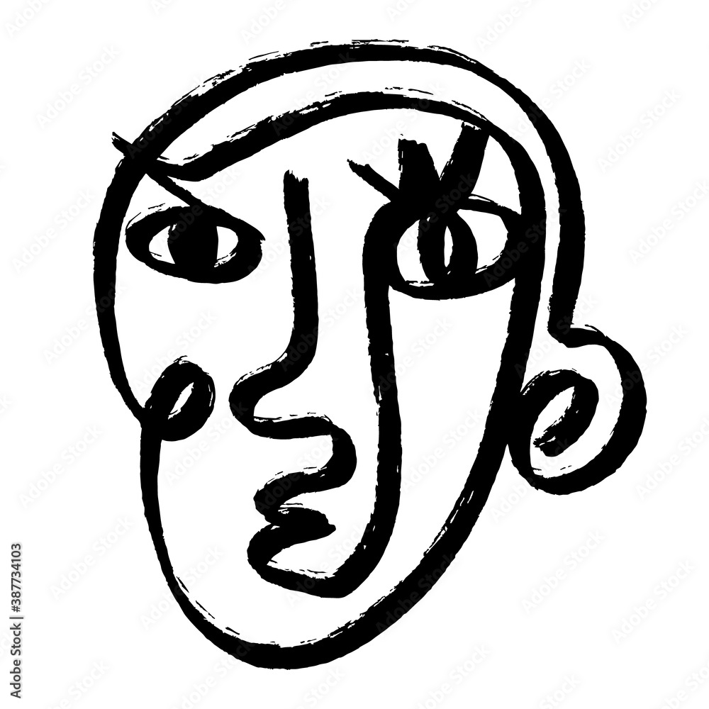 Simple hand drawn abstract line continuous face. Ink Brush drawing in ...