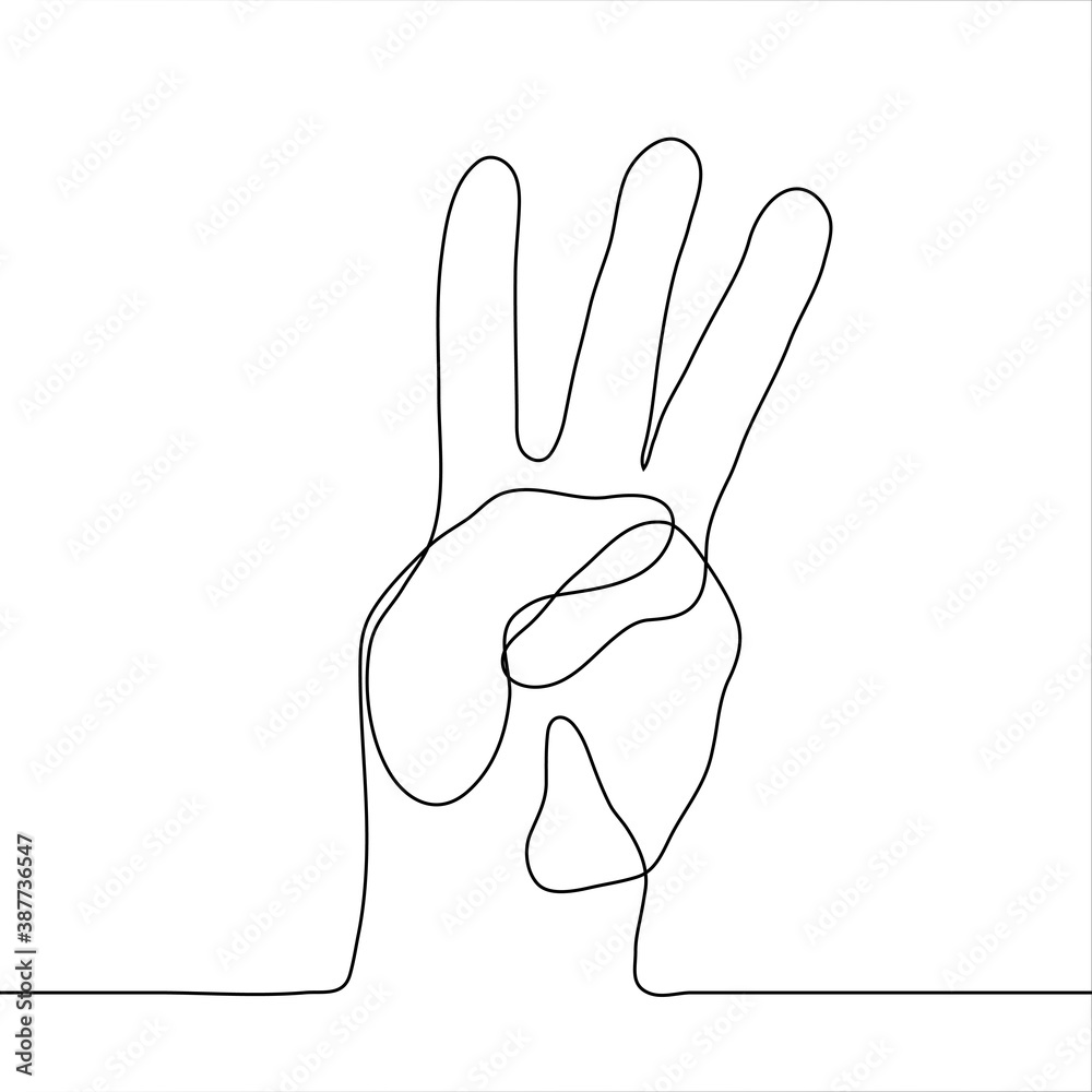 hand shows three fingers. one line drawing of a left human hand with ...