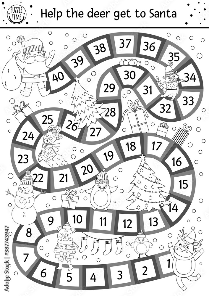 Christmas black and white board game for children with cute animals and ...