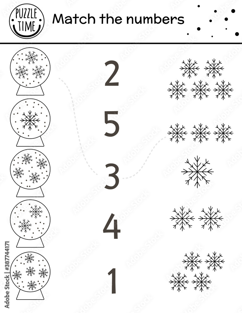 Christmas black and white matching game with snow globes and snowflakes ...