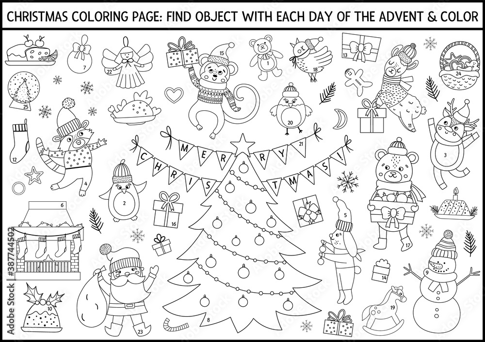 Vector black and white Christmas coloring page and advent calendar with ...