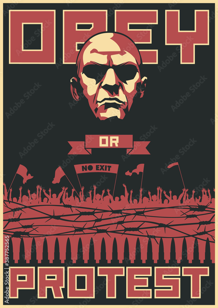 Protest or Obey Propaganda Poster, Dictator, Crowd, Barbed Wire Stock ...