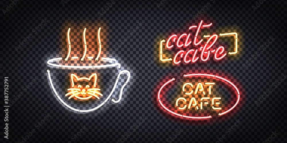 Vector set of realistic isolated neon sign of Cat Cafe logo for ...