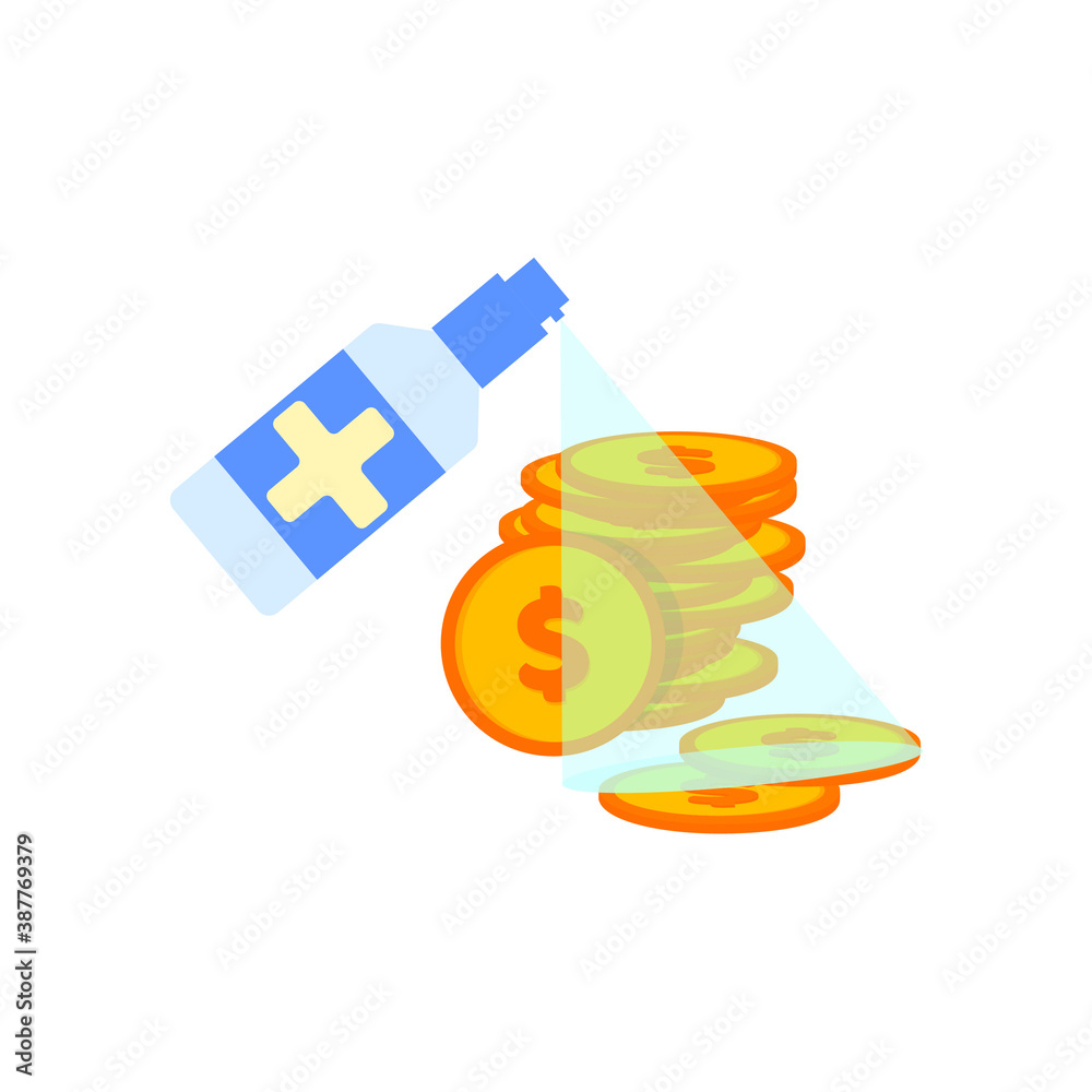 Antiseptic spray treats money, coins. Vector illustration, flat cartoon ...