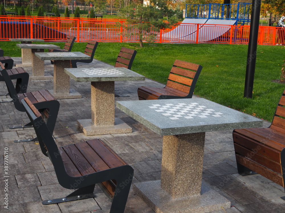 Concrete chess table for outdoor play. Chess playground in the city ...