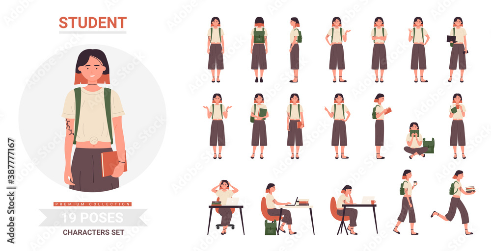 Student woman poses vector illustration set. Cartoon female teen ...
